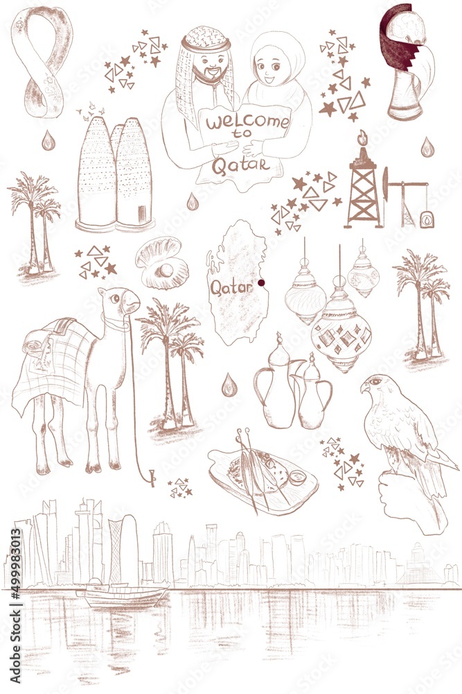 Hand drawn line art travel set Qatar Doha Stock Illustration | Adobe Stock