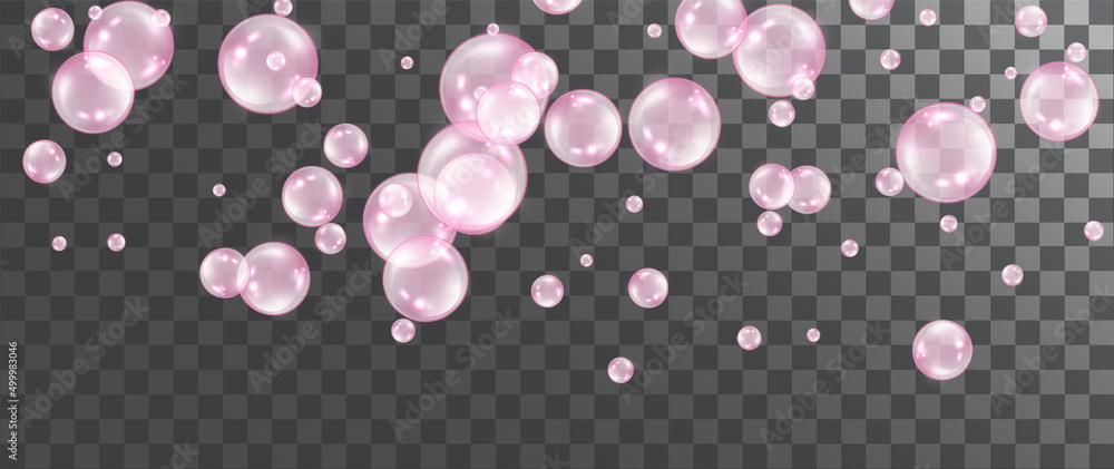 Pink transparent flying bubbles isolated on a transparent checkered ...