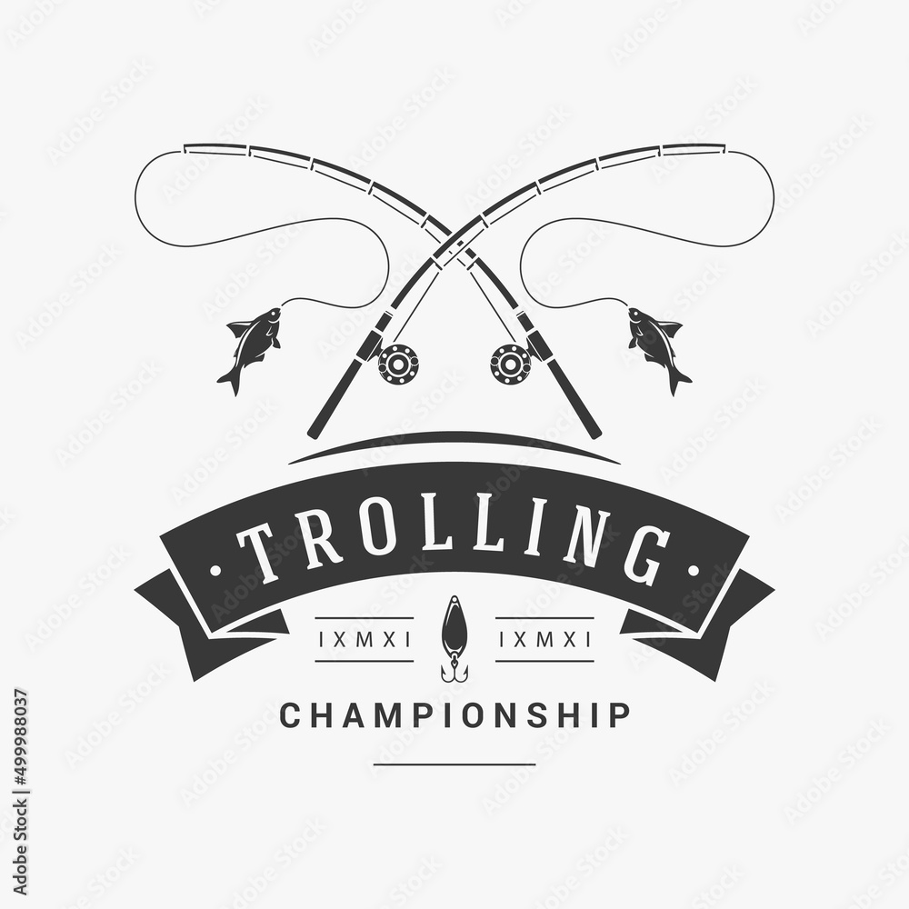 Monochrome crossed fishing rods with catching fish textured vintage ...