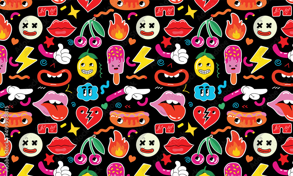 Seamless pattern with stickers with funny cartoon characters. Big set ...