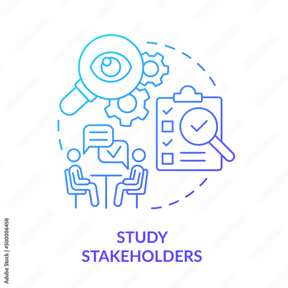 Study stakeholders blue gradient concept icon. Examine investors. Step ...