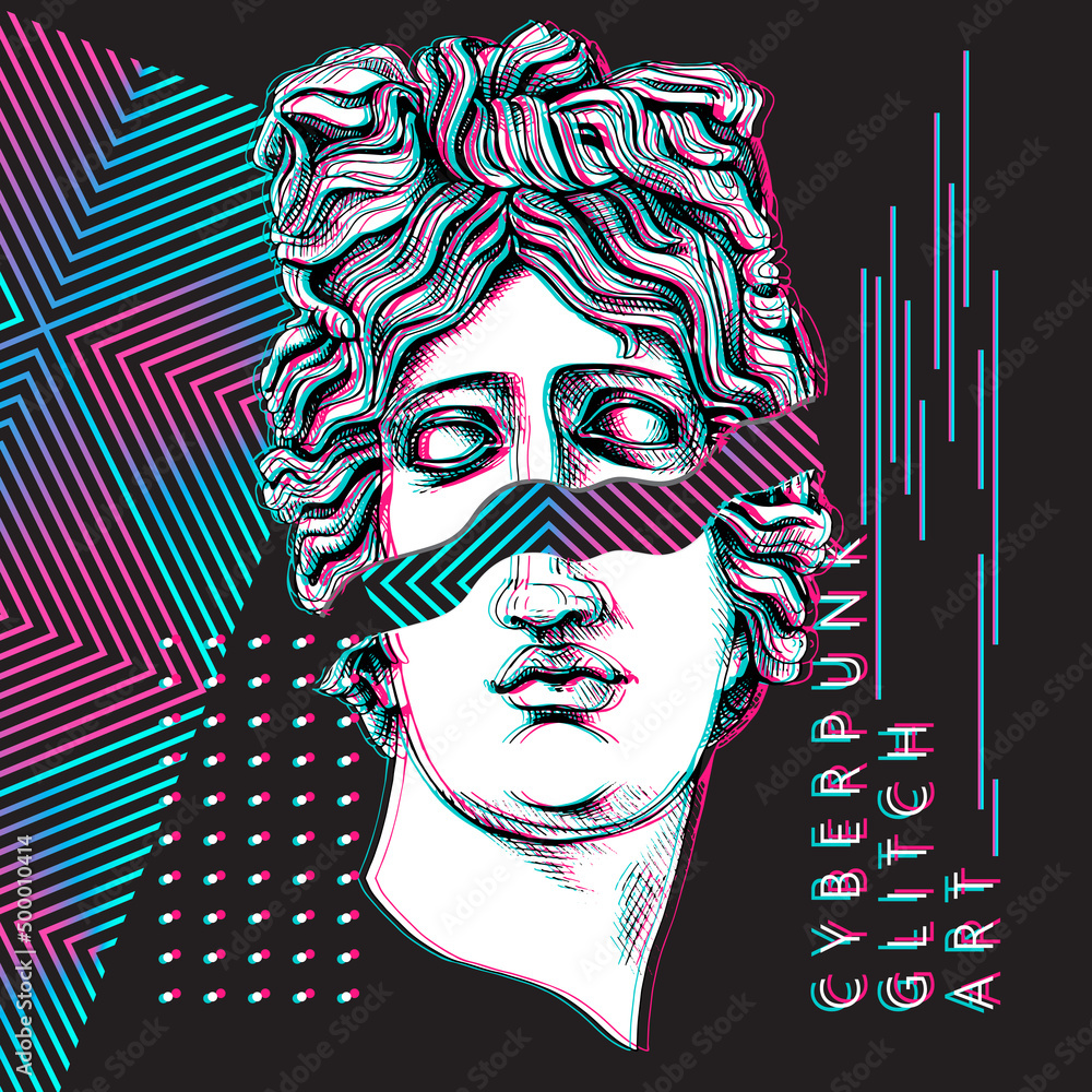 Minimalistic Bright colored collage. Apollo Plaster head statue with a ...