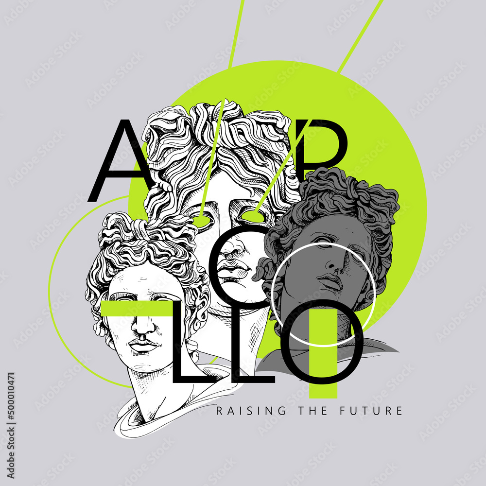 Bright colored collage in a Zine Culture style. Apollo Plaster head ...