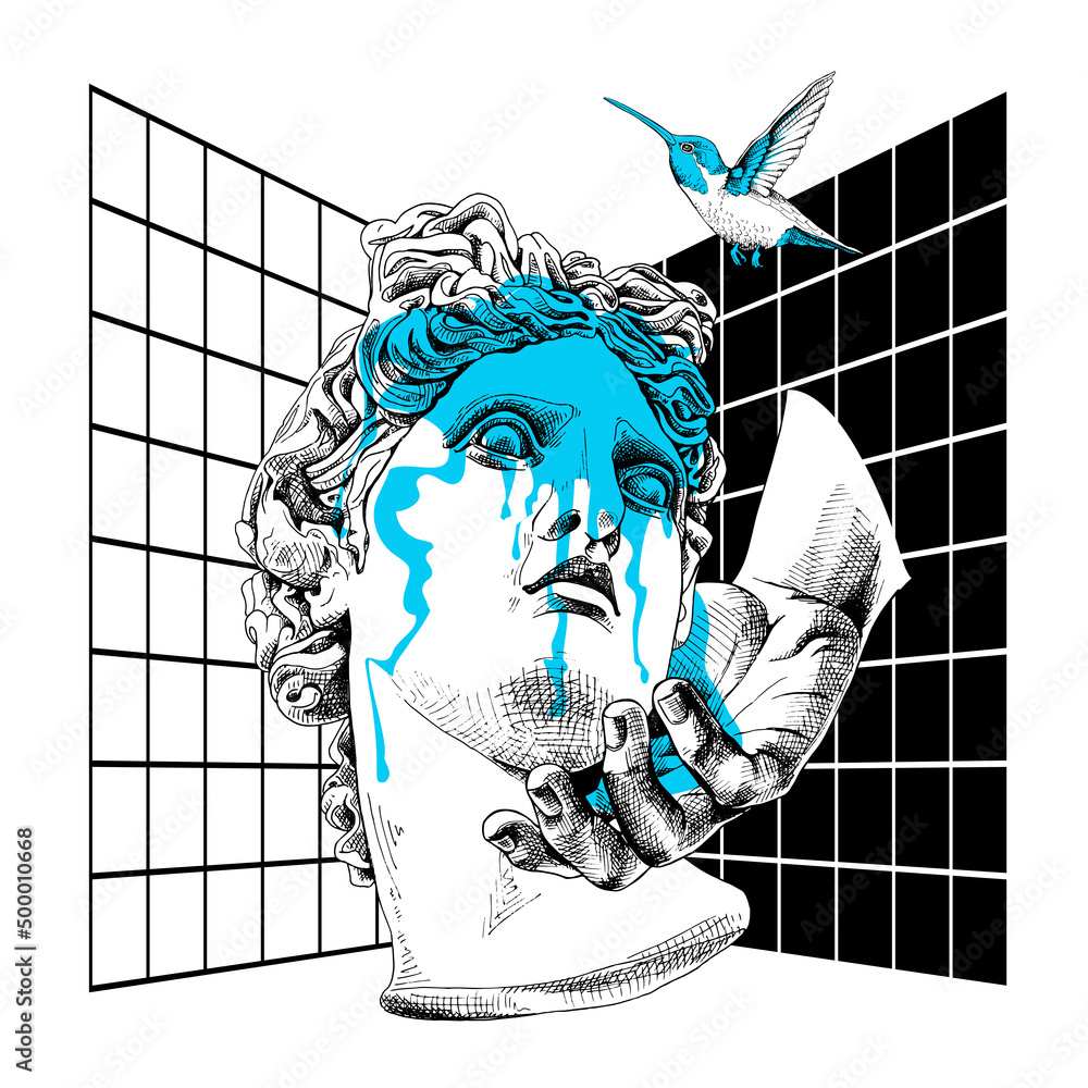 Collage in a Memphis art style. Apollo Plaster head statue with the ...