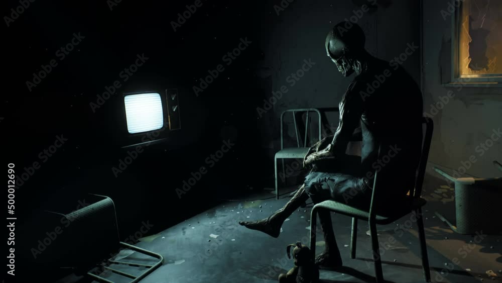 A human skeleton sits on a chair in a creepy room in front of a ...