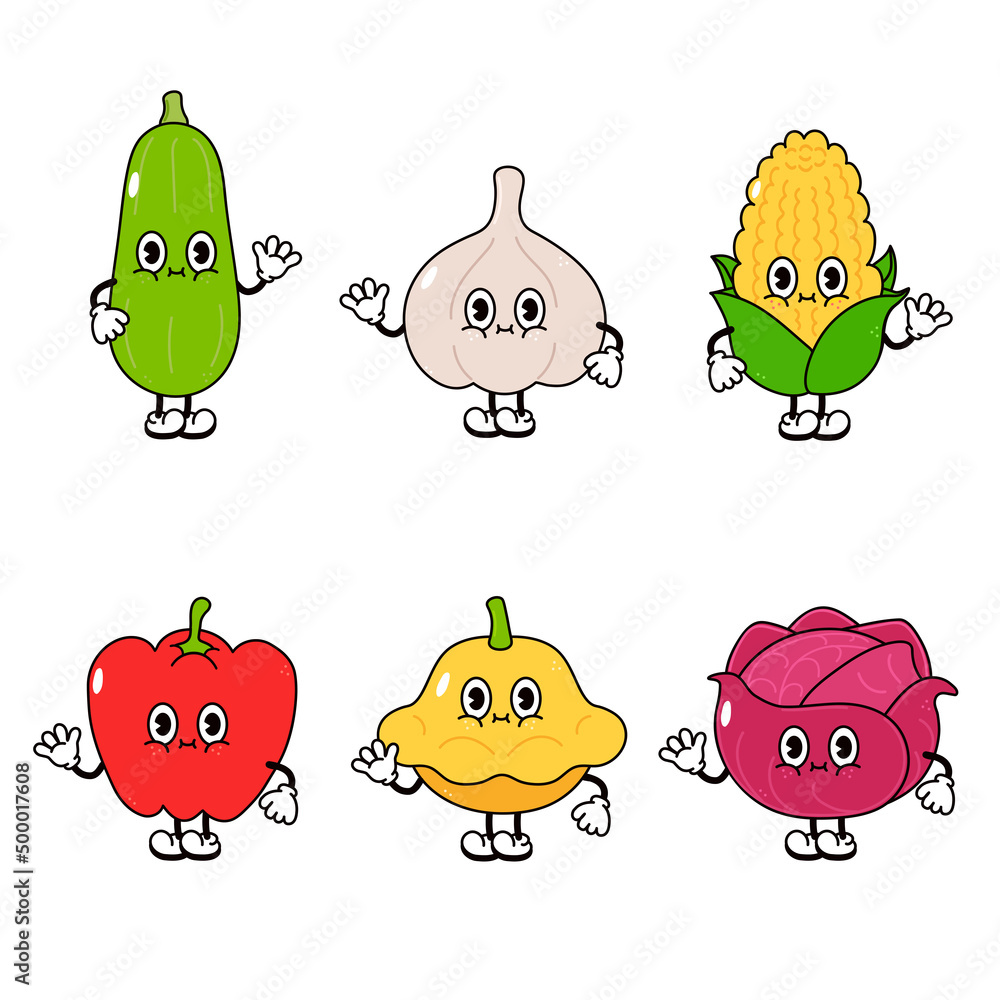Funny cute happy vegetables characters bundle set. Vector hand drawn ...