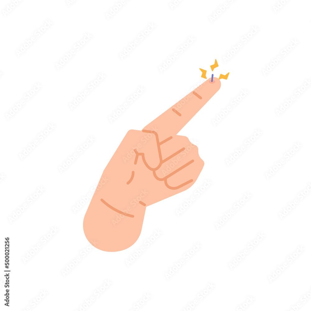 illustration of a hand whose index finger is hit by a thorn. pain due ...