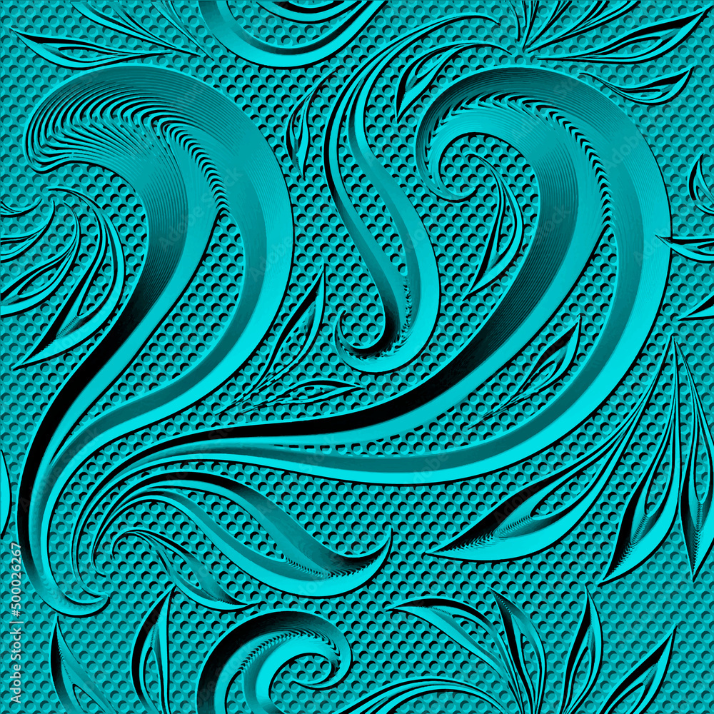 Turquoise color beautiful 3d floral seamless pattern. Textured emboss ...
