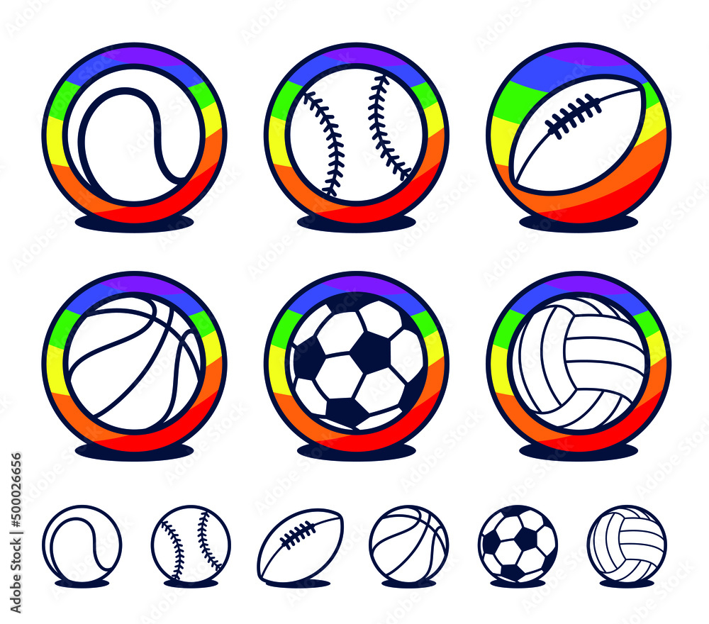 Set of cartoon sports ball icons with rainbow colors for badges or ...