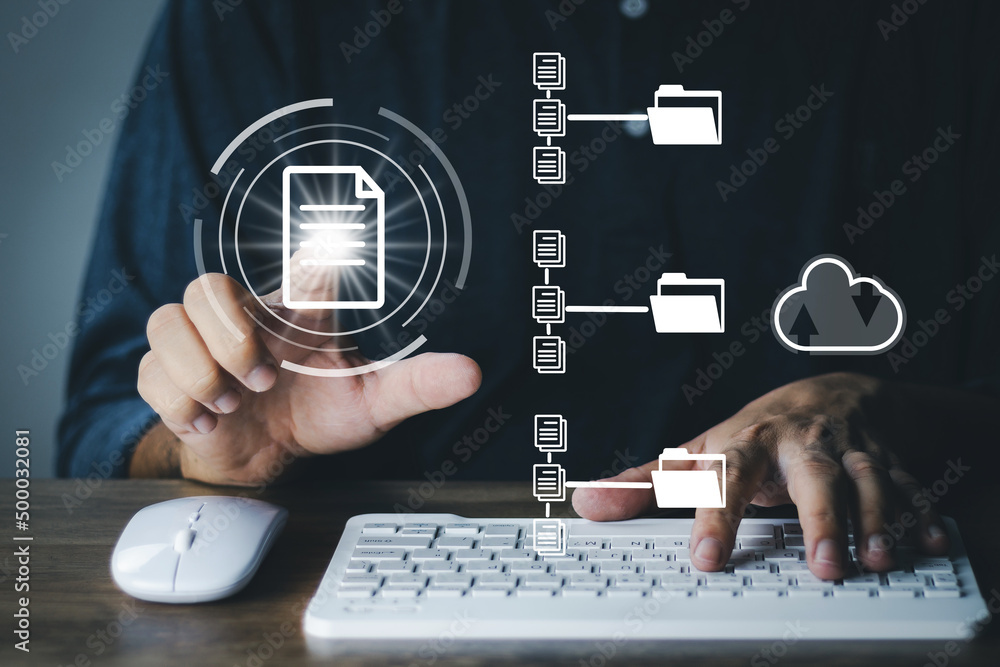 Document Management System(dms) concept. Male hands operating a ...