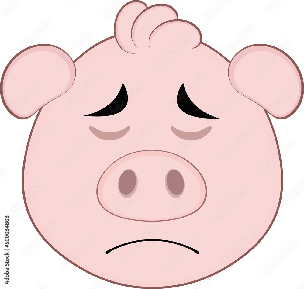 Vector illustration of the face of a cartoon pig with a sad expression ...