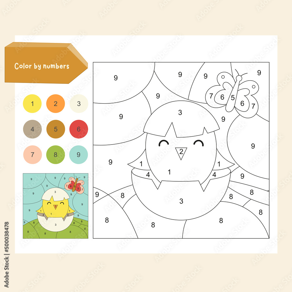 Farm activities for kids. Color by numbers – cute chick and butterfly ...