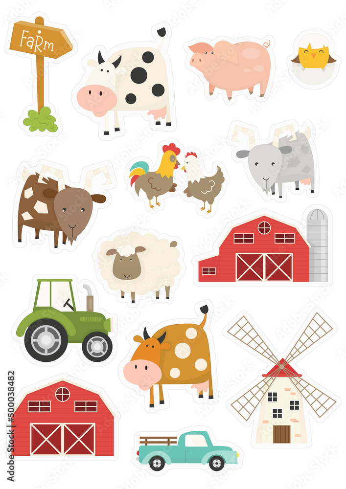 Farm Animals and objects set. Cartoon stickers isolated on white ...