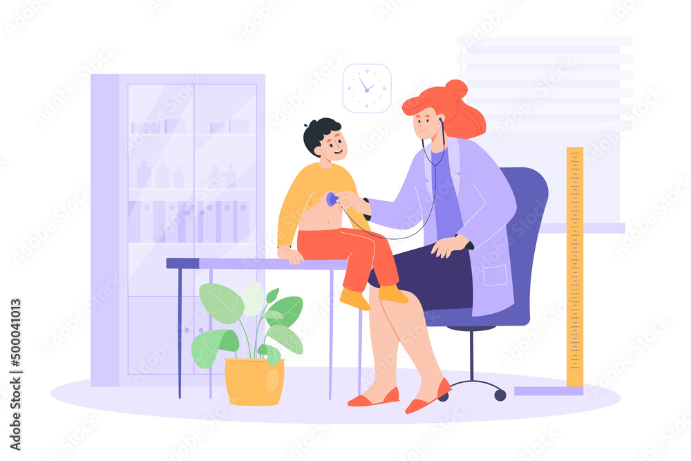 Doctor examining kid with stethoscope flat vector illustration. Sick ...
