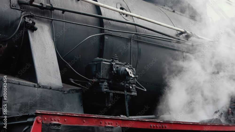 Vintage steam train locomotive. Pair locomotive train leaking smoke ...