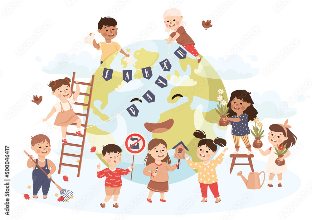 Cute Kids Caring About Earth Planet Saving World Vector Illustration ...