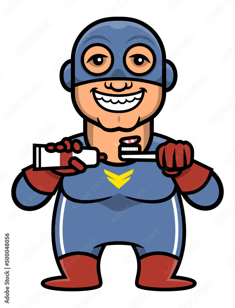 Cartoon illustration of superhero wearing mask and costume with happy ...