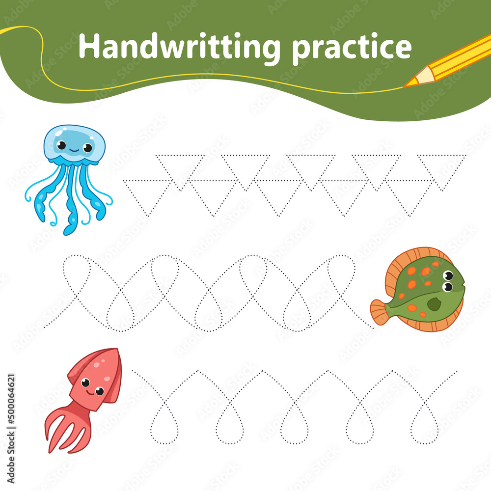 Handwriting practice. We learn the first letter of the string by dots ...