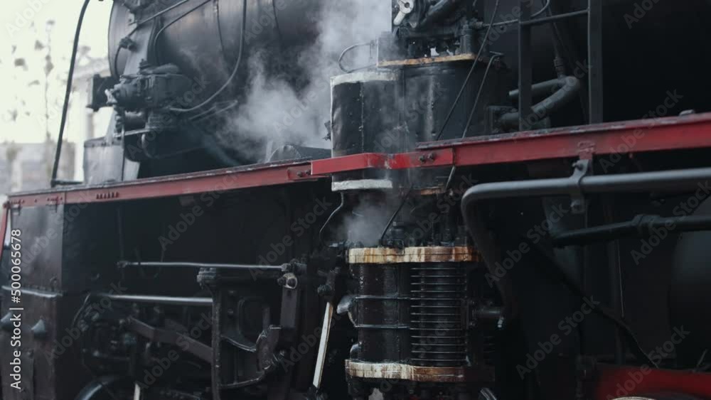 Vintage steam train locomotive. Pair locomotive train leaking smoke ...