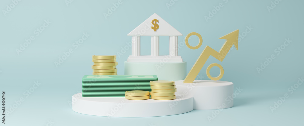 Increasing arrow and stack of money as financial saving rising concept ...