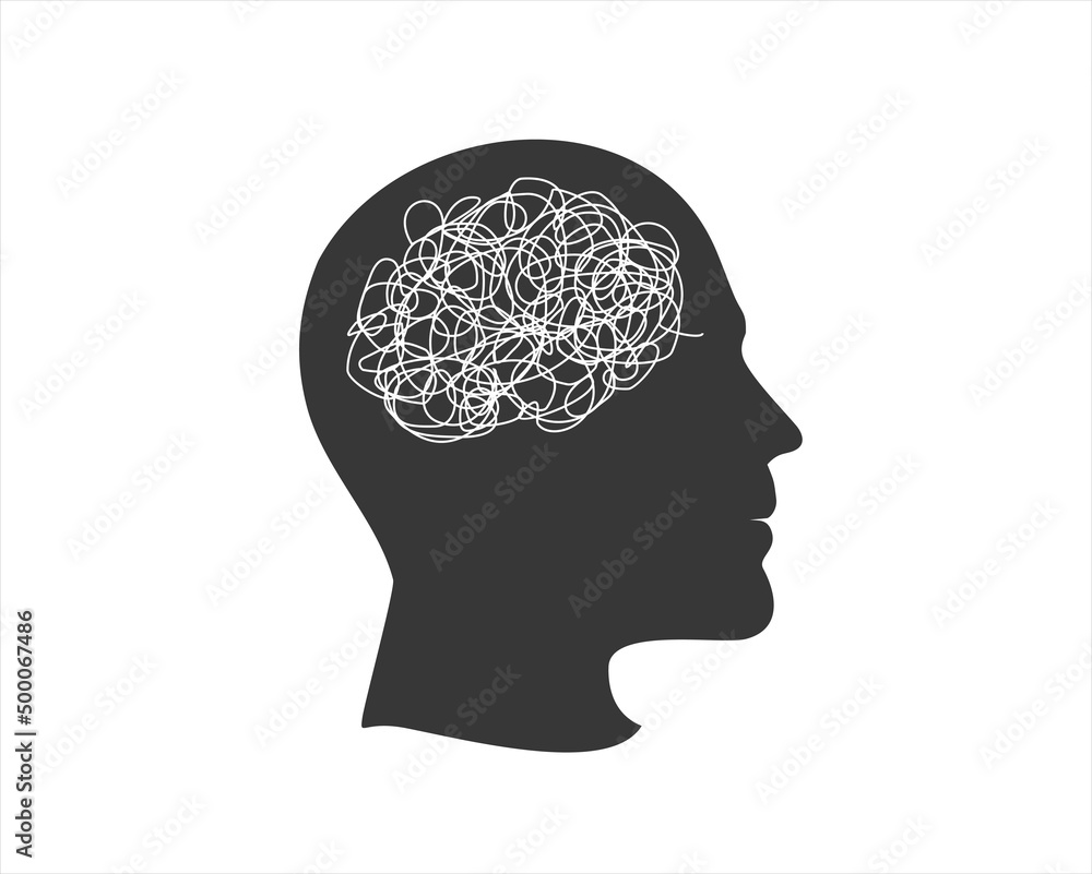Vector illustration with human head silhouette with brain as tangled ...