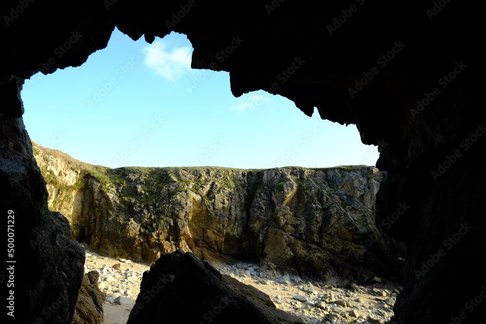 The Korrigan cave on the granit coast of le Pouliguen. Autumn, France ...