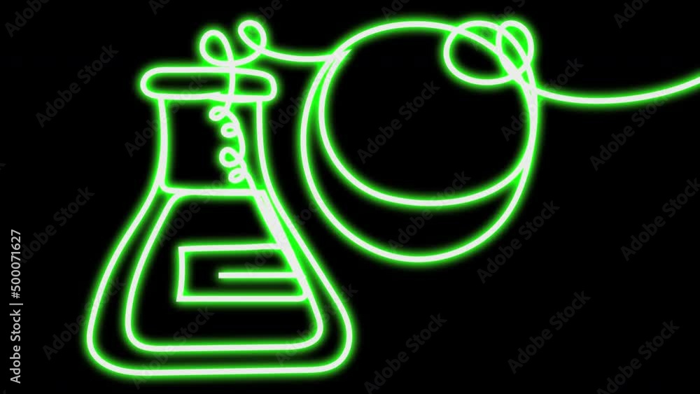 Neon flask with bubbles on a black screen. Glass vessel with chemical ...