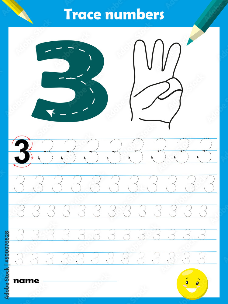Trace numbers worksheet for learning numbers. Number 3. Numbers are ...