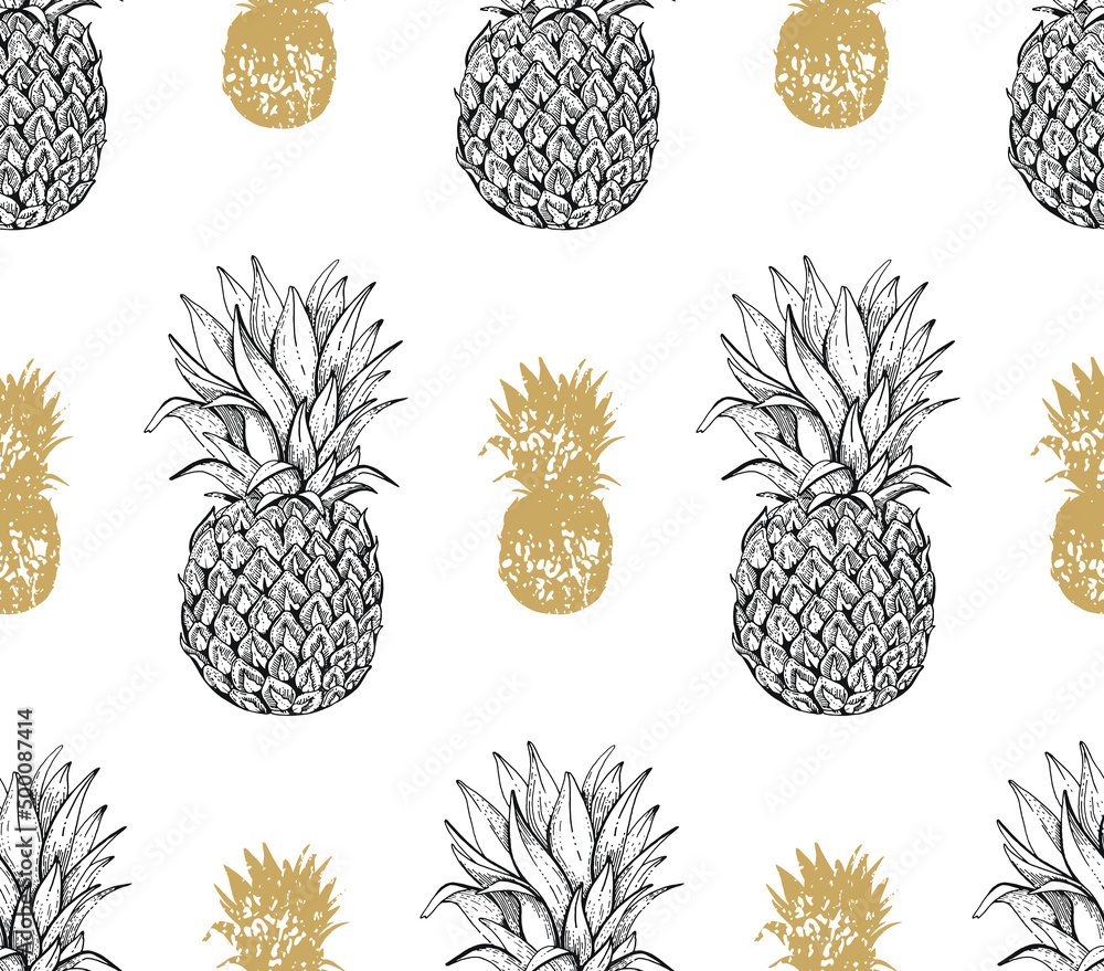 Seamless pineapple pattern, black white vector background. Summer ...