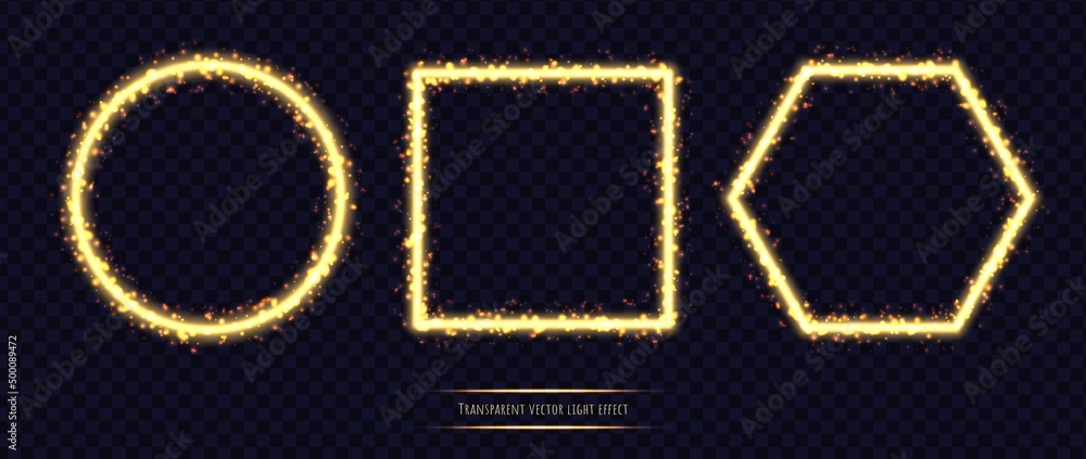 Glowing magic light frames, set of shiny golden round, square and ...