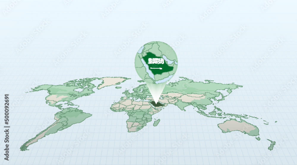 World map in perspective showing the location of the country Saudi ...