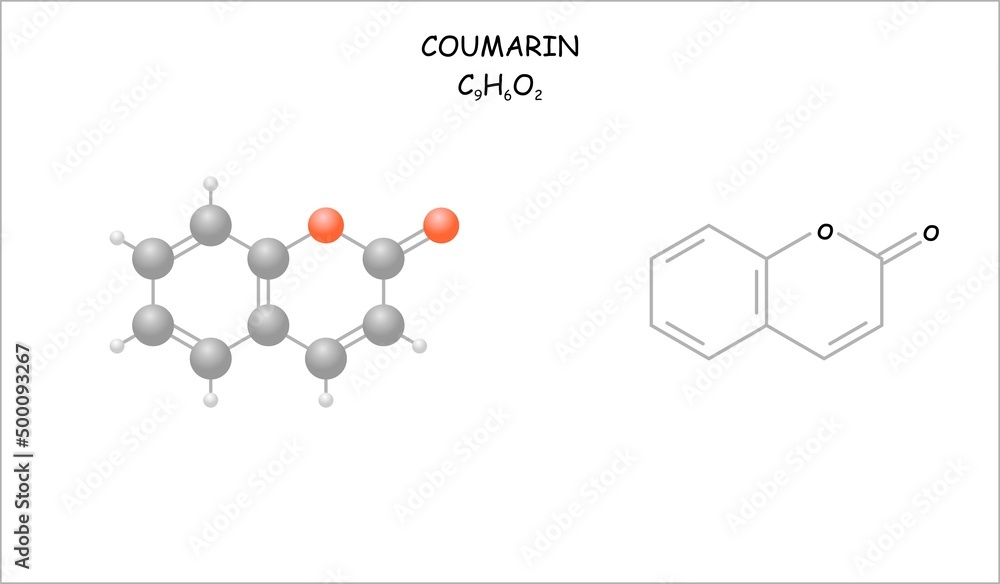 Stylized molecule model/structural formula of coumarin. Use in ...