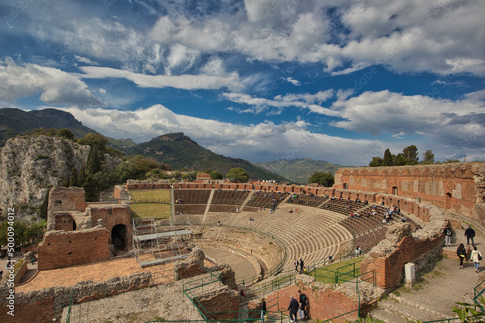 The ancient Greek-Roman theater of Taormina, a tourist city in Sicily ...