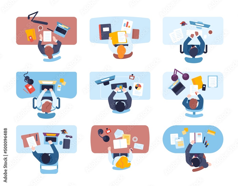 Vektorová grafika „Workplace people top view. Personal workspace ...