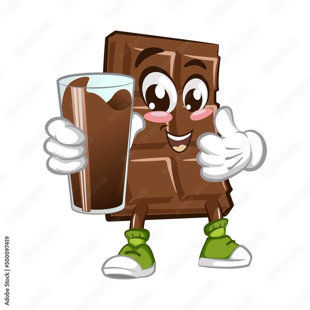 Cute chocolate bar character with funny face with a glass of hot ...