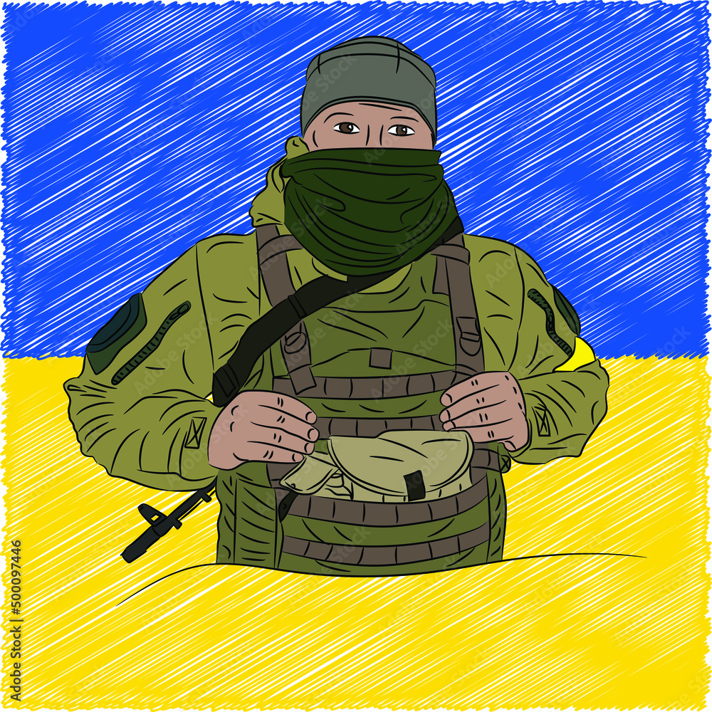Vector image of a Ukrainian soldier in a cash register and body armor ...