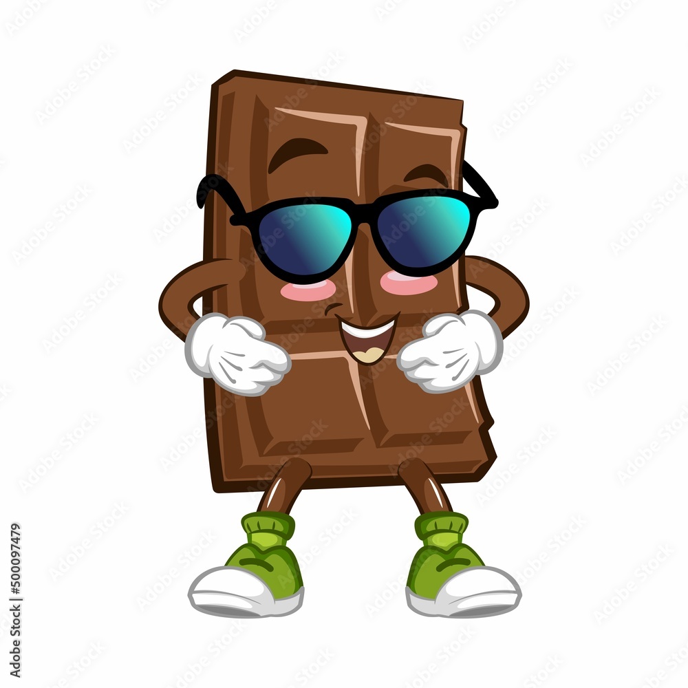 Cute chocolate bar character with funny face wearing sunglasses, cartoon vector illustration ...