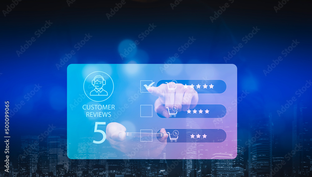 Man touch smartphone with Customer review satisfaction feedback survey concept, User give rating ...