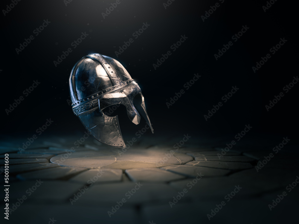 Medieval knight helmet floating in a dark background. 3D rendering ...