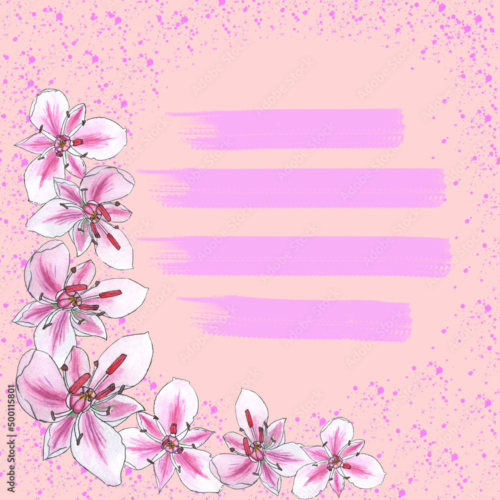 Floral square postcard, colorful frame with blooming pink flowers ...