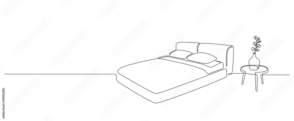 Continuous one line drawing of double bed and table with vase and plant ...