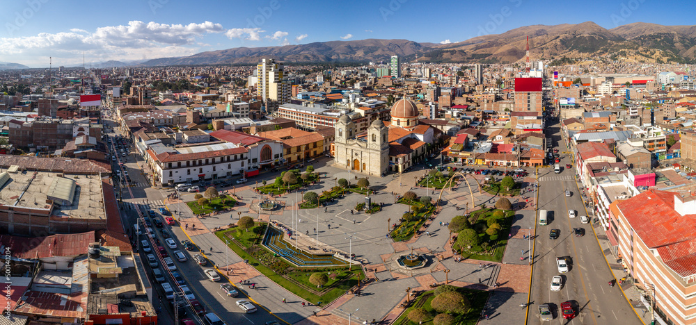 Huancayo, Peru: Aerial pananoramic view of the main square park of ...