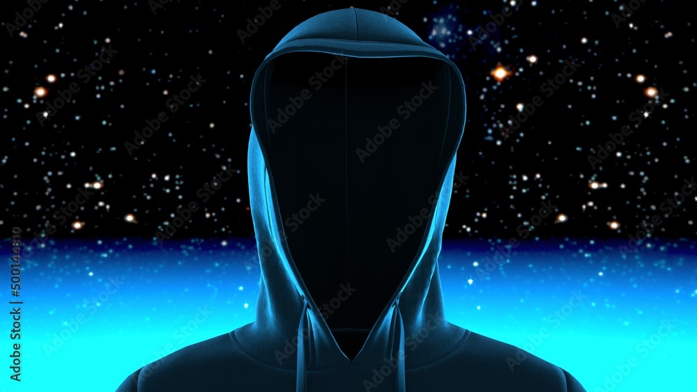 Anonymous hacker with black color hoodie in shadow under particle ...