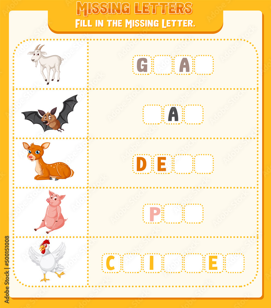 Fill the missing letter of each word worksheet for children Stock ...