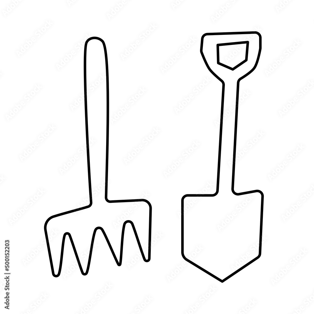 Shovel and rake garden hand tools black outline doodle vector isolated ...