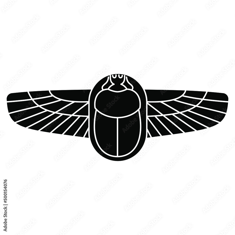 Winged scarab. Ancient Egyptian sacred symbol. Black and white negative ...