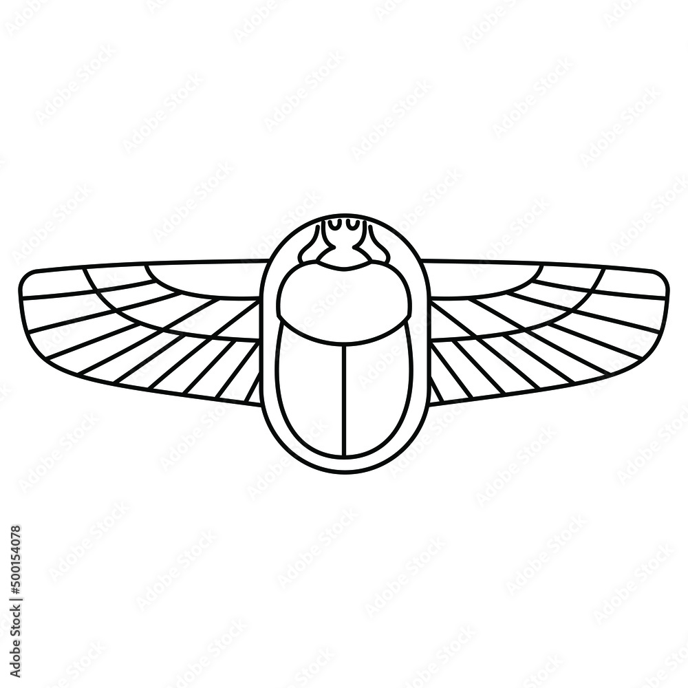 Winged scarab. Ancient Egyptian sacred symbol. Black and white linear ...