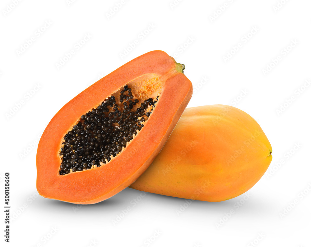 Whole and half ripe papaya isolated on white background. Stock Photo ...