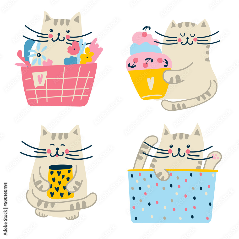 cat doodle set. Cute funny pets. Various faces and emotions. Animal and ...