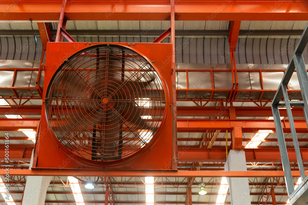 Big industrial cooler red fans in factory for reduced heat in operation ...